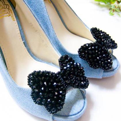 Gorgeous Black Crystal Beaded Butterfly Bow Shoe Clips on Luulla